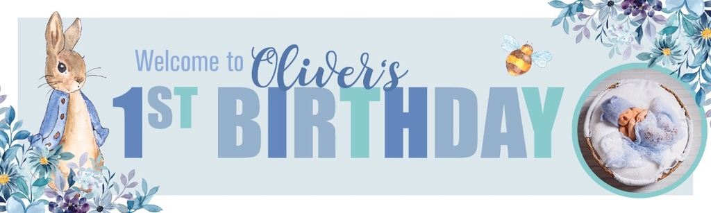 Personalised Happy 1st Birthday Banner - Blue Rabbit - Custom Name & 1 ...