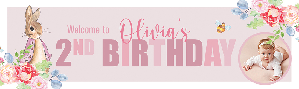 Personalised Happy 2nd Birthday Banner - Pink Rabbit Floral Welcome ...