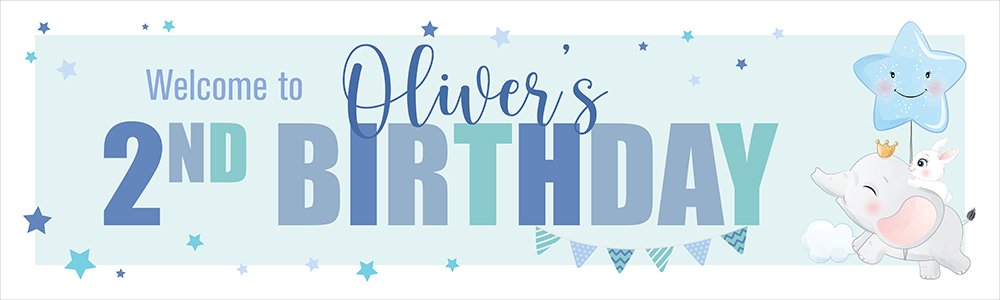 Personalised Happy 2nd Birthday Banner - Blue & Baby Elephant - Custom ...