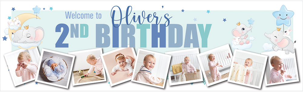 Personalised Happy 2nd Birthday Banner - Blue & Baby Elephant - Custom ...