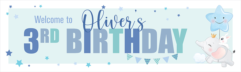 Personalised Happy 3rd Birthday Banner - Blue & Baby Elephant - Custom ...