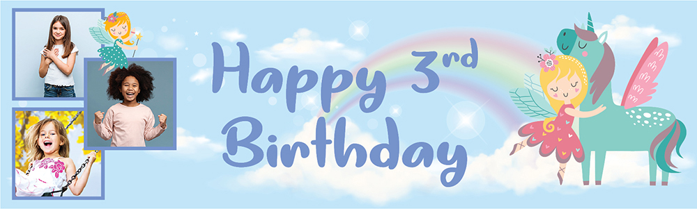 Personalised Happy 3rd Birthday Banner - Blue Unicorn & Fairy - 3 Photo ...