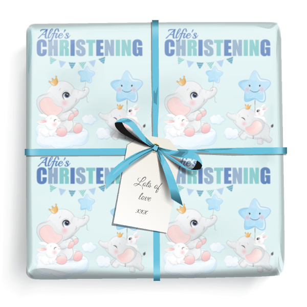 Personalised Christening Wrapping Paper - Blue Elephant - Add Name ...
